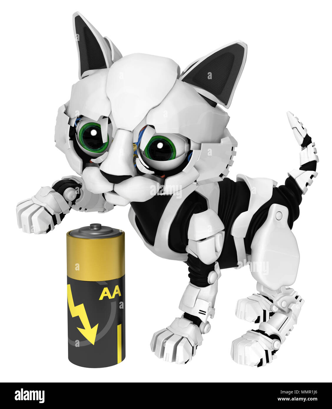 Robotic kitten energy battery 3d illustration, horizontal, isolated ...
