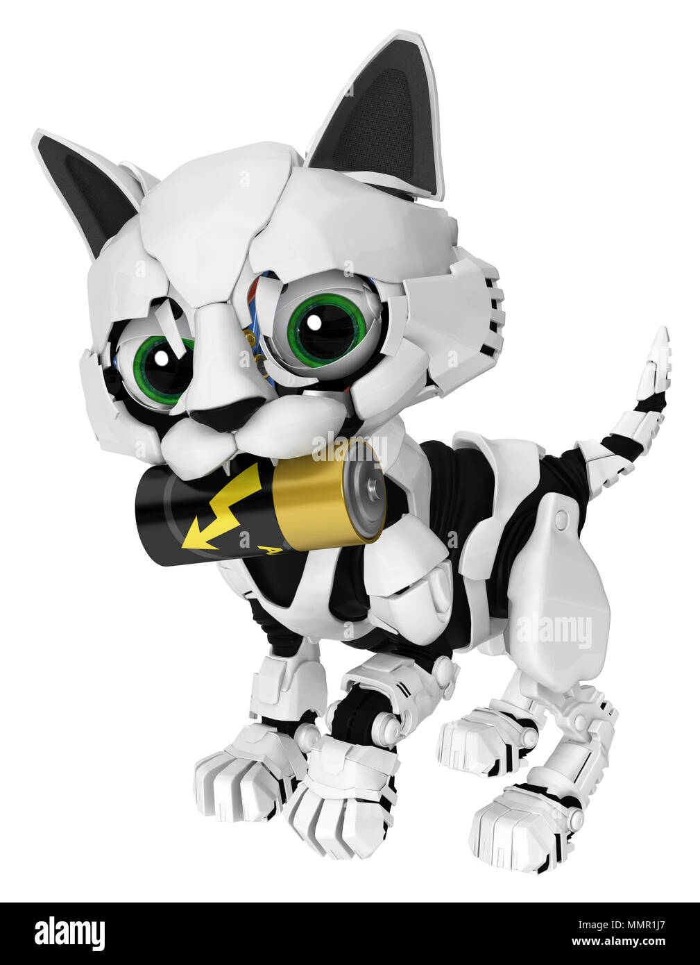 Robotic kitten energy battery carry 3d illustration, horizontal ...