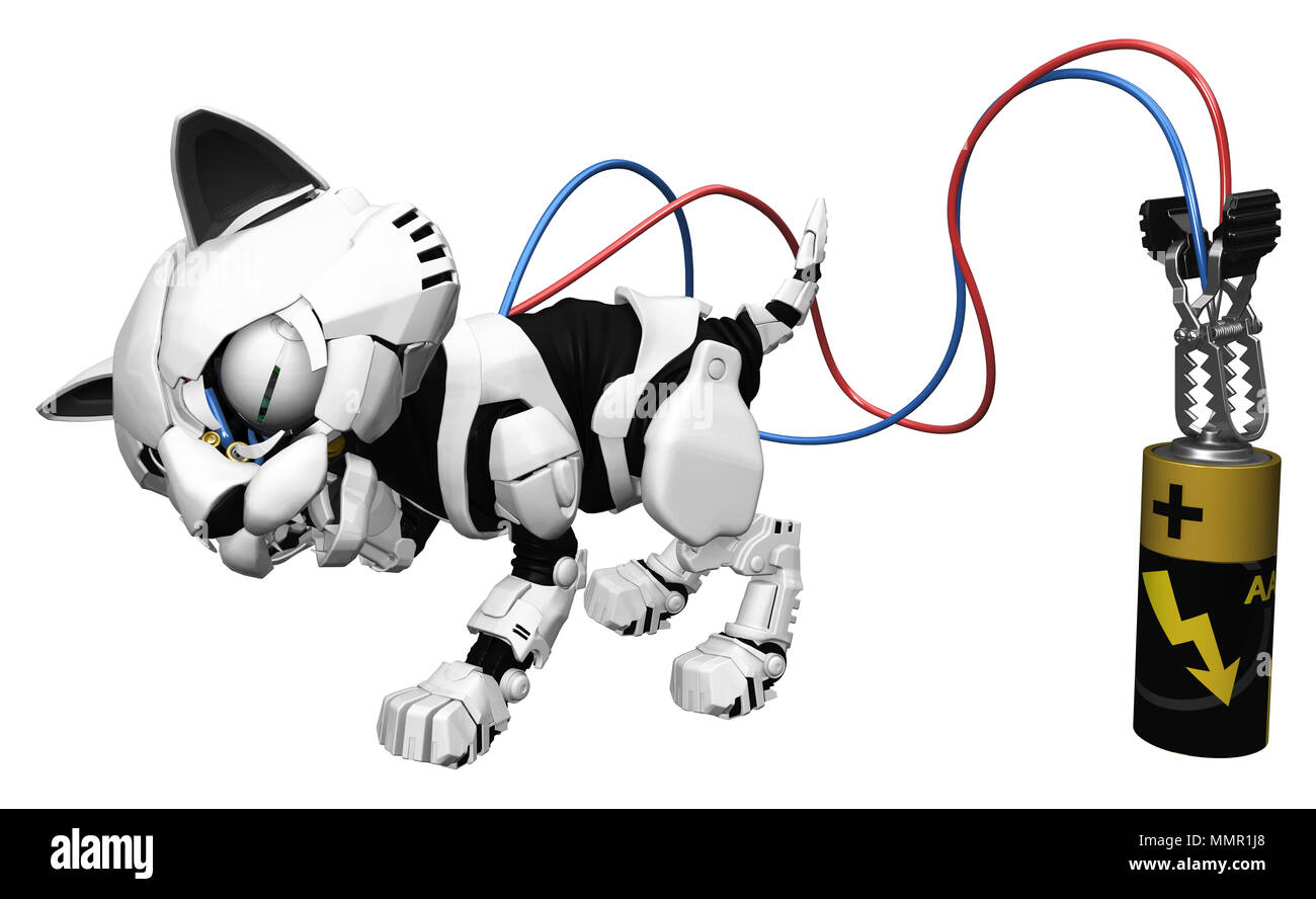 Robotic kitten energy battery charging 3d illustration, horizontal ...