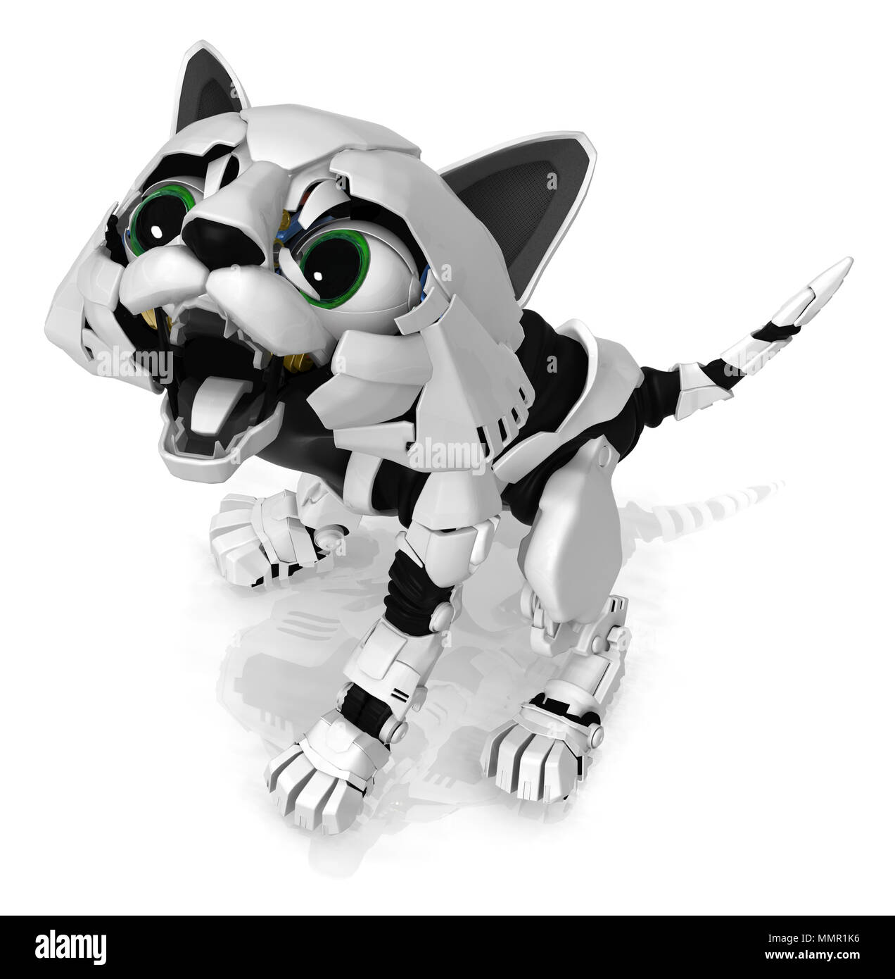 Robotic kitten mouth open hissing, 3d illustration, horizontal ...