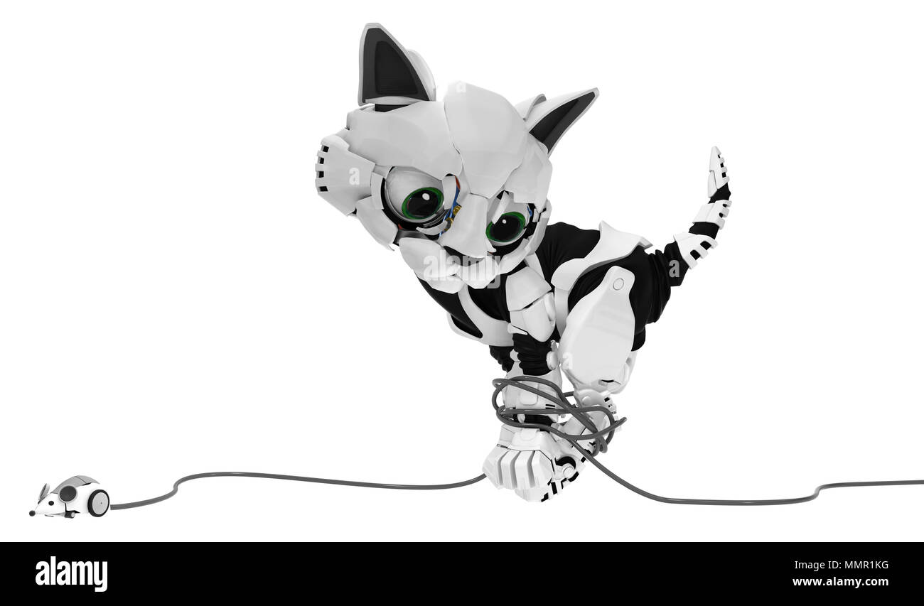 Robotic kitten with computer mouse, cable entangled, 3d illustration ...