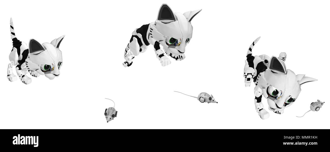 Robotic kitten computer mouse hunt action, 3d illustration, horizontal ...