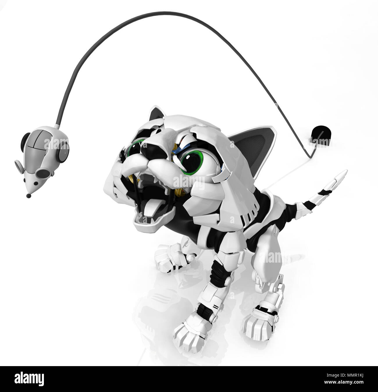 Robotic kitten mouth open catching leaping mouse, 3d illustration ...