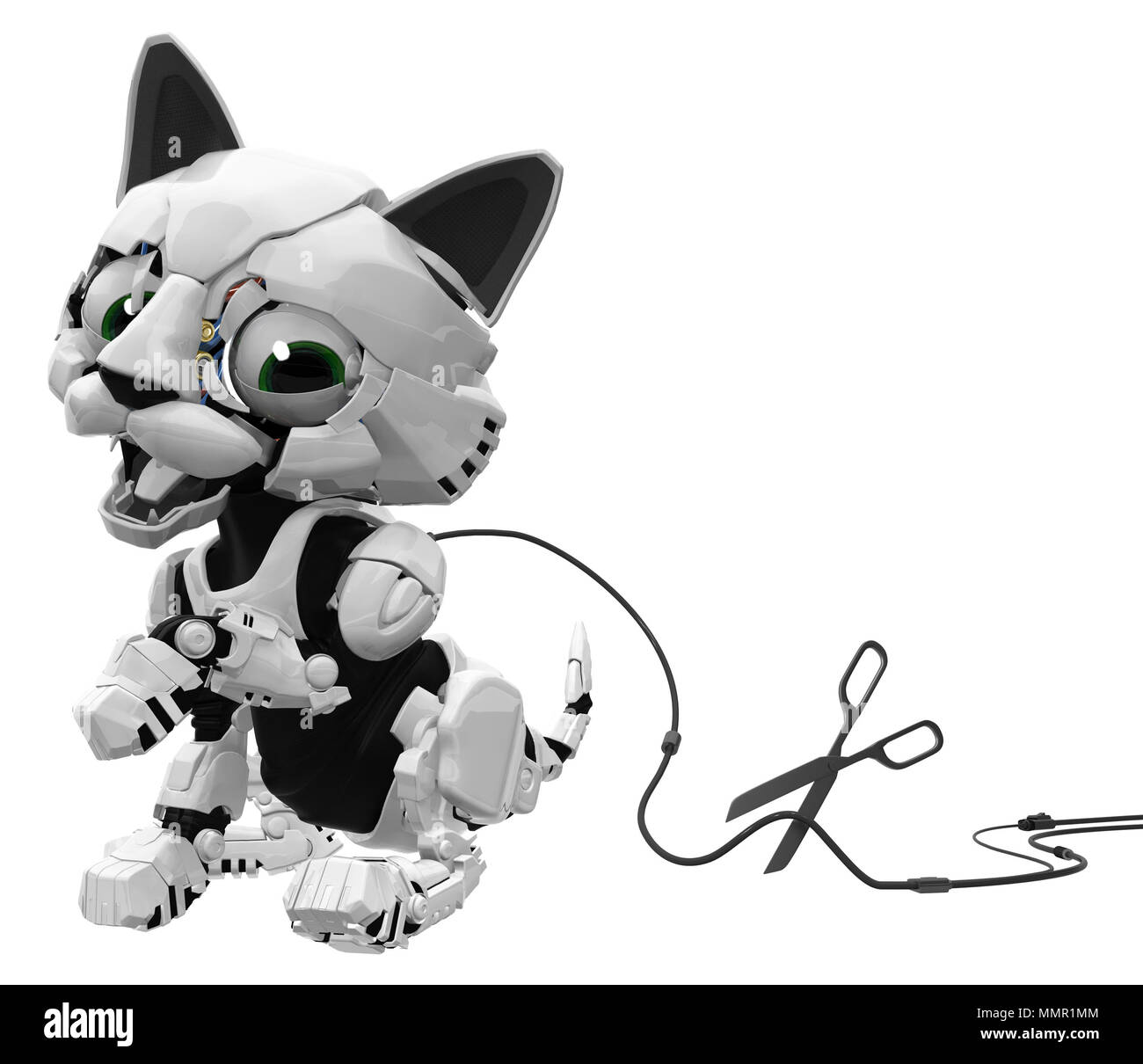 Robotic kitten with cable cut, 3d illustration, horizontal, isolated ...