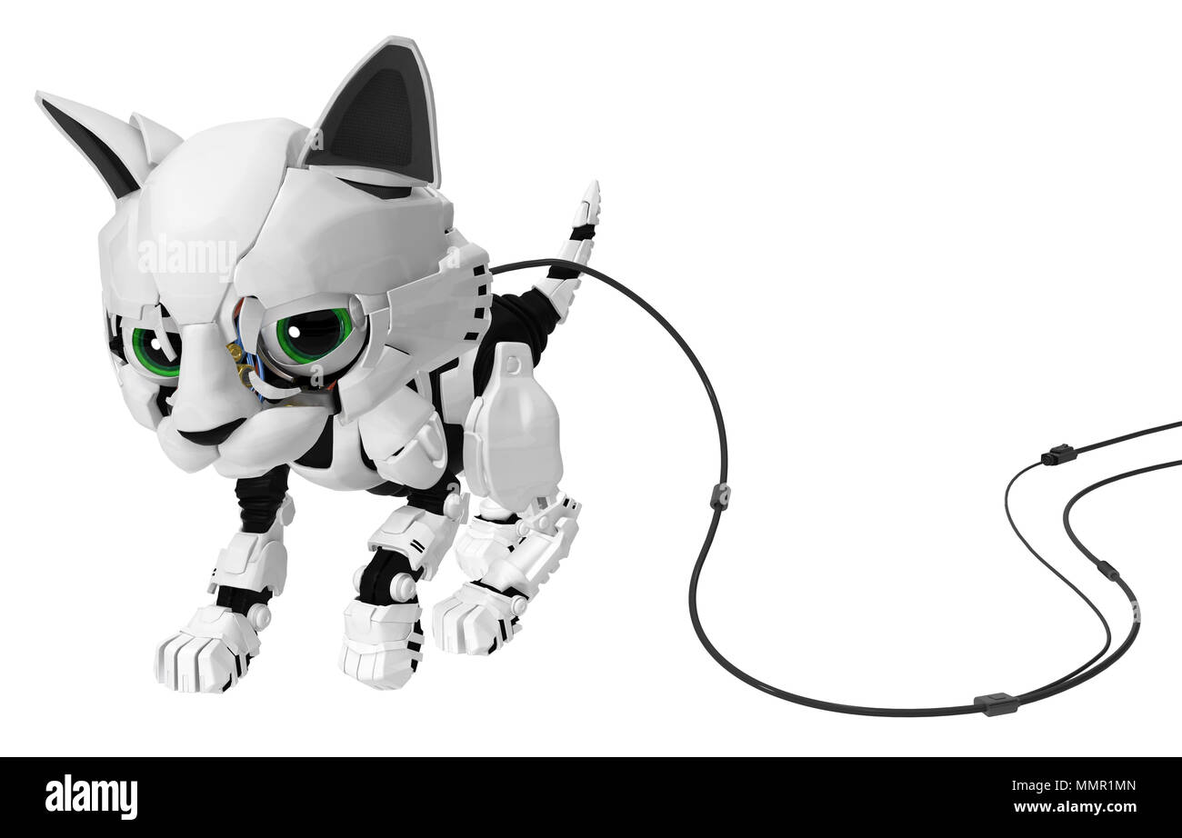Robotic kitten with cable, 3d illustration, horizontal, isolated Stock ...