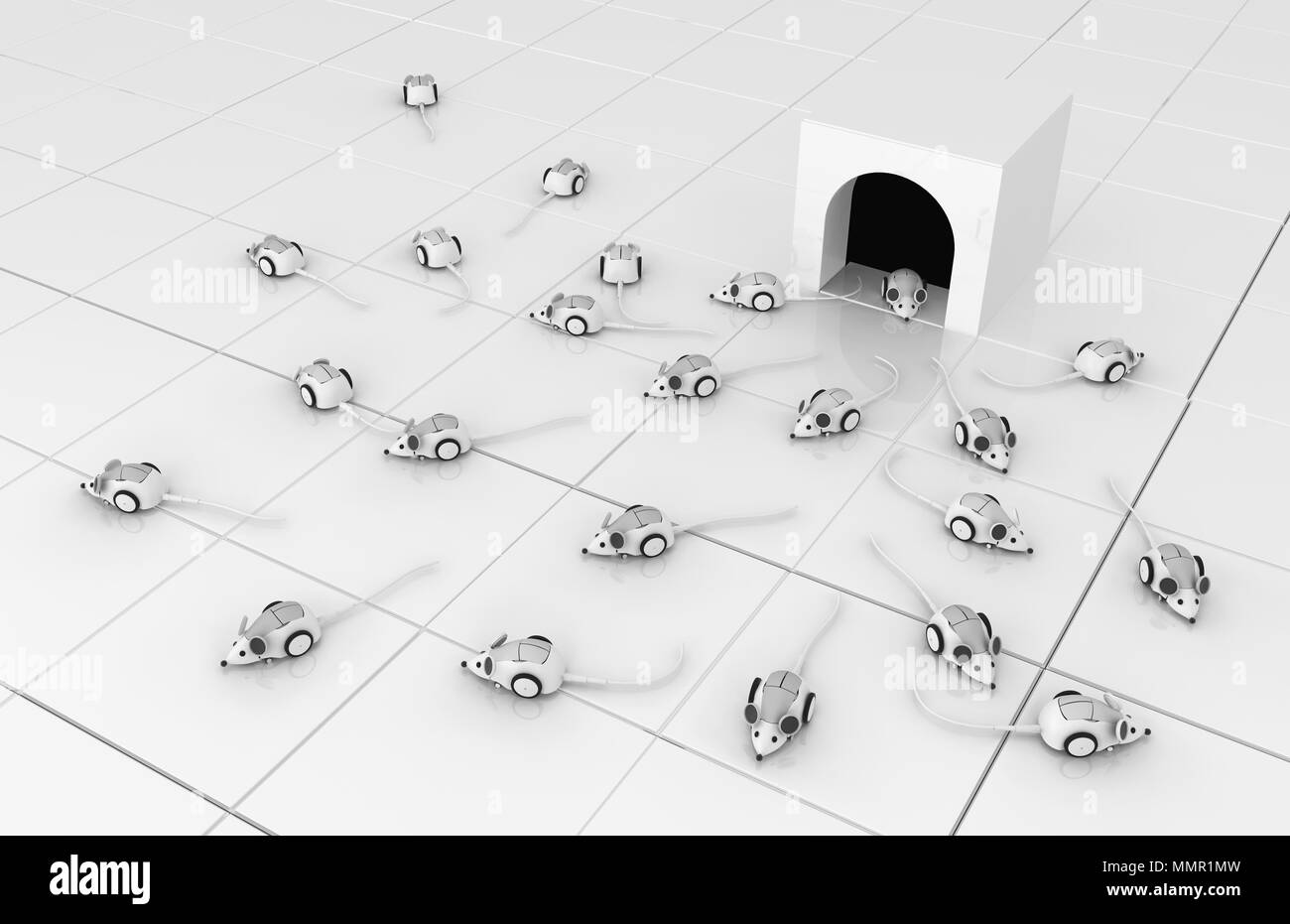 Robotic computer mice group released on white tile floor surface, 3d ...