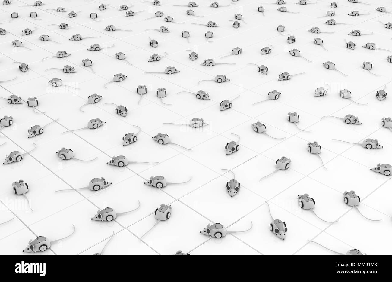 Robotic computer mice group on white tile floor surface, 3d ...