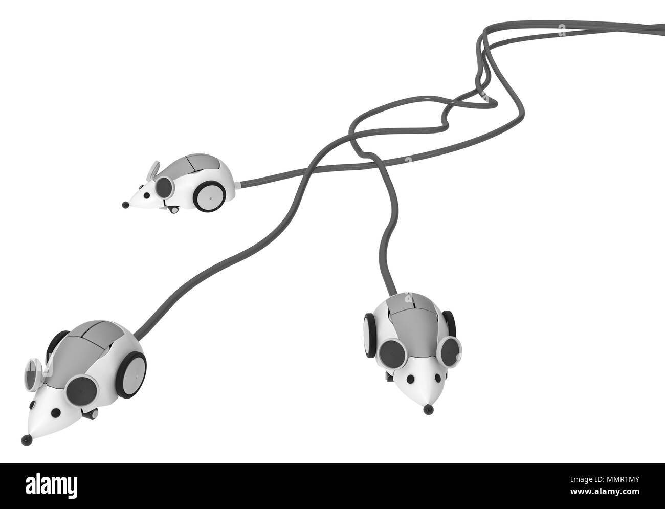 Robotic computer three mice long tails, 3d illustration, horizontal ...