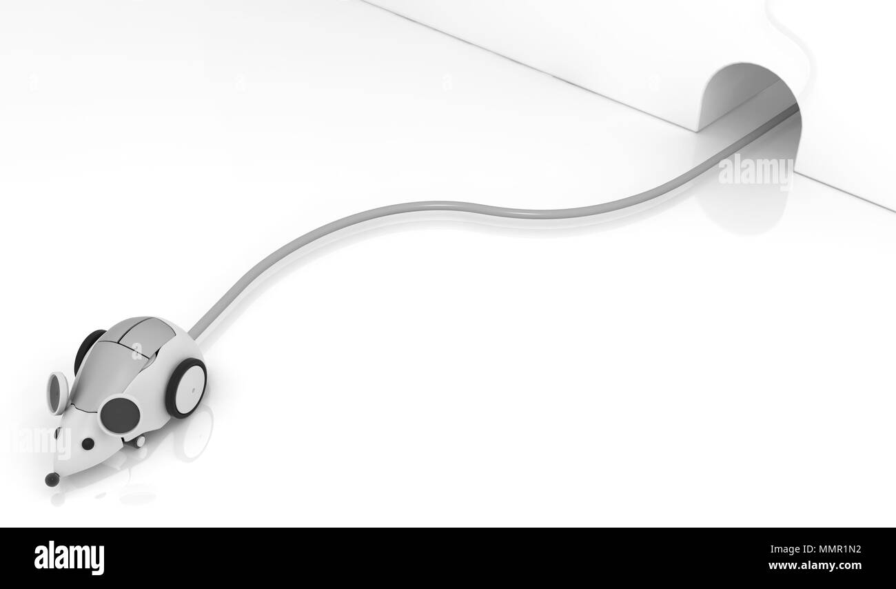 Robot mouse wire connected 3d illustration, horizontal, over white ...