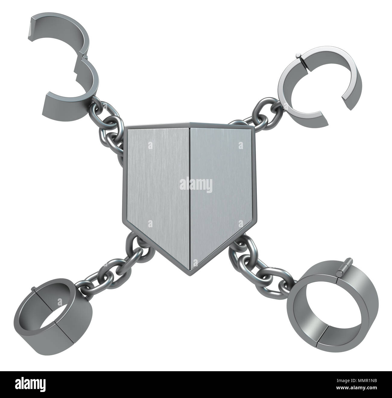 Shackles open chains crossed shield grey metal 3d illustration ...