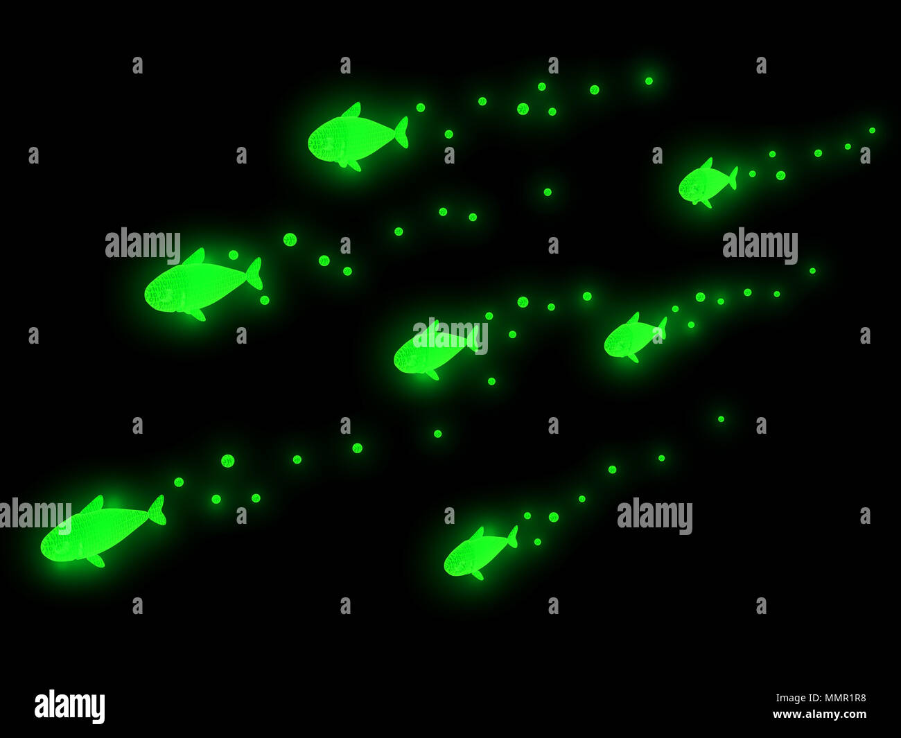 Virtual green glowing fish swimming in darkness 3d illustration ...