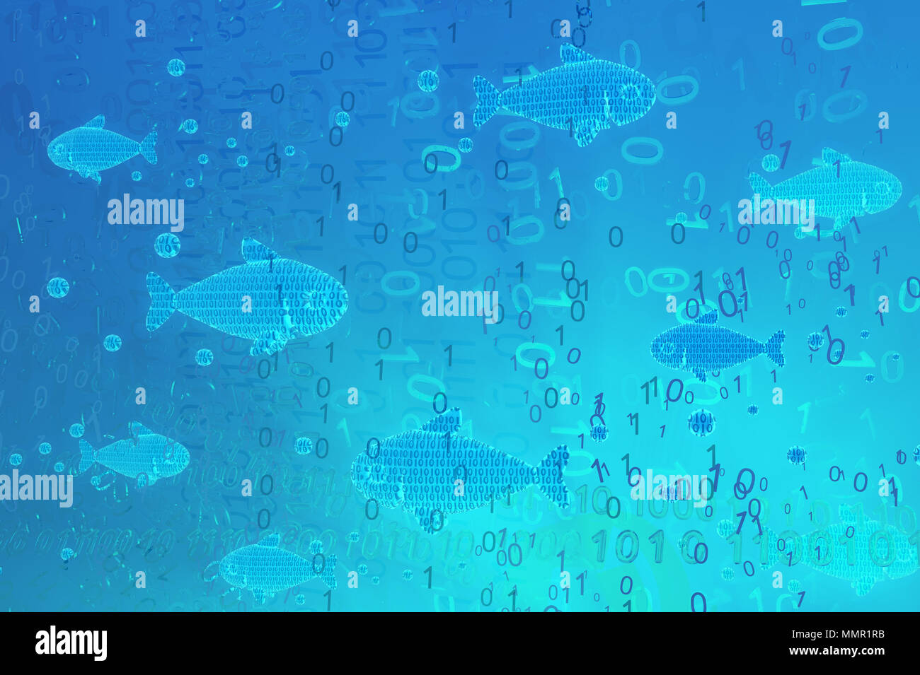 Virtual blue glowing fish swimming in code habitat 3d illustration ...