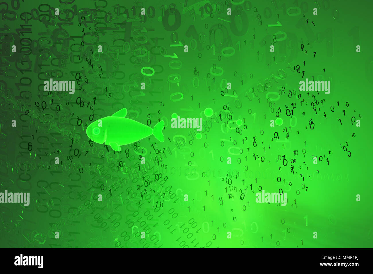 Virtual green glowing fish swimming in code 3d illustration, horizontal ...