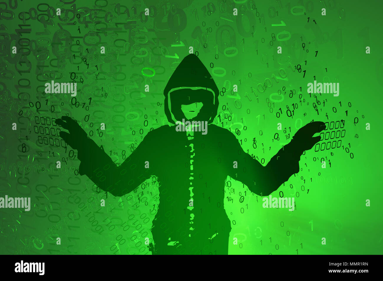 Virtual digits abstract 3d illustration, shadow hacker figure ...