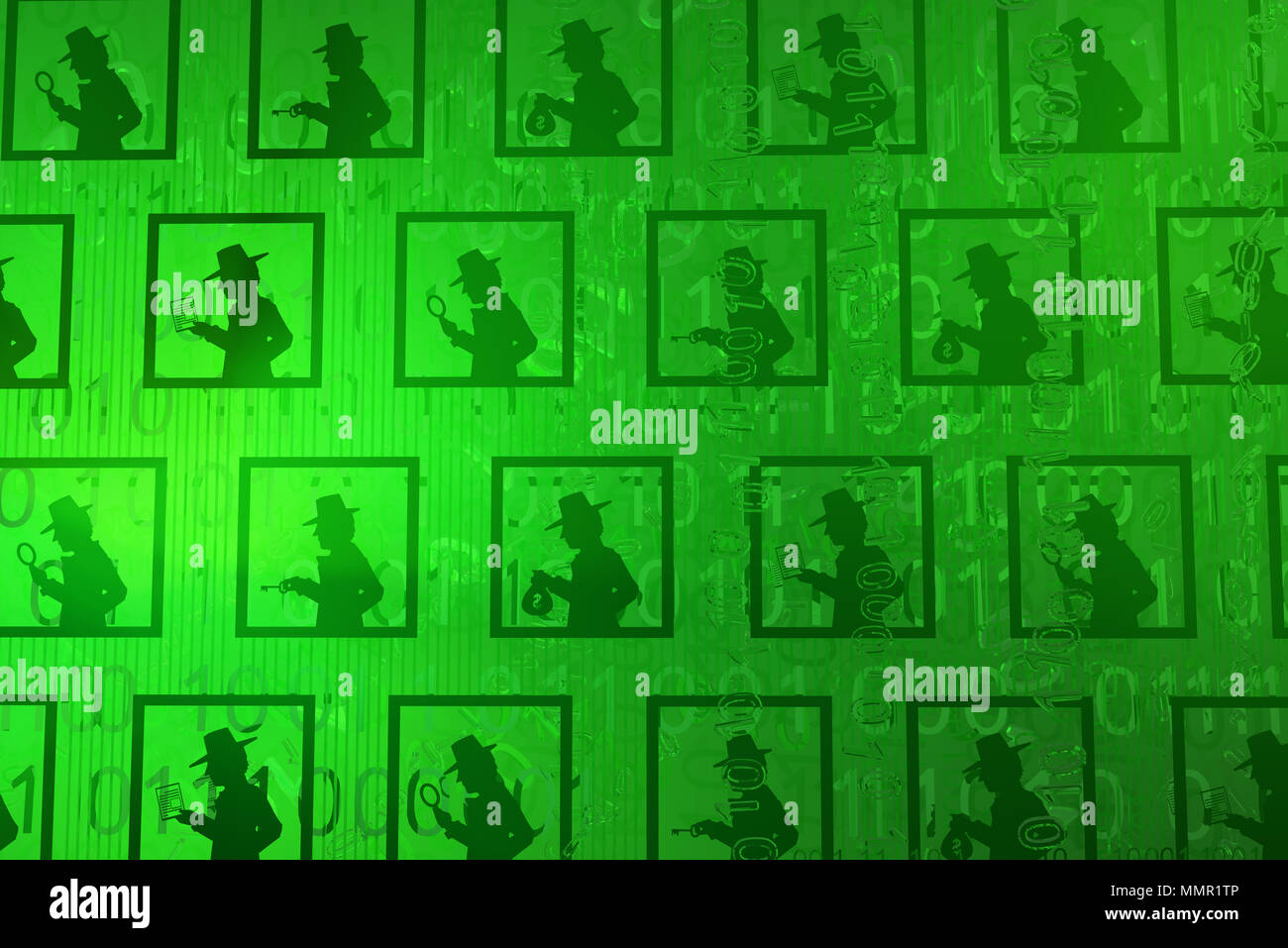 Spy shadow figures database green, cyberspace virtual reality abstract ...