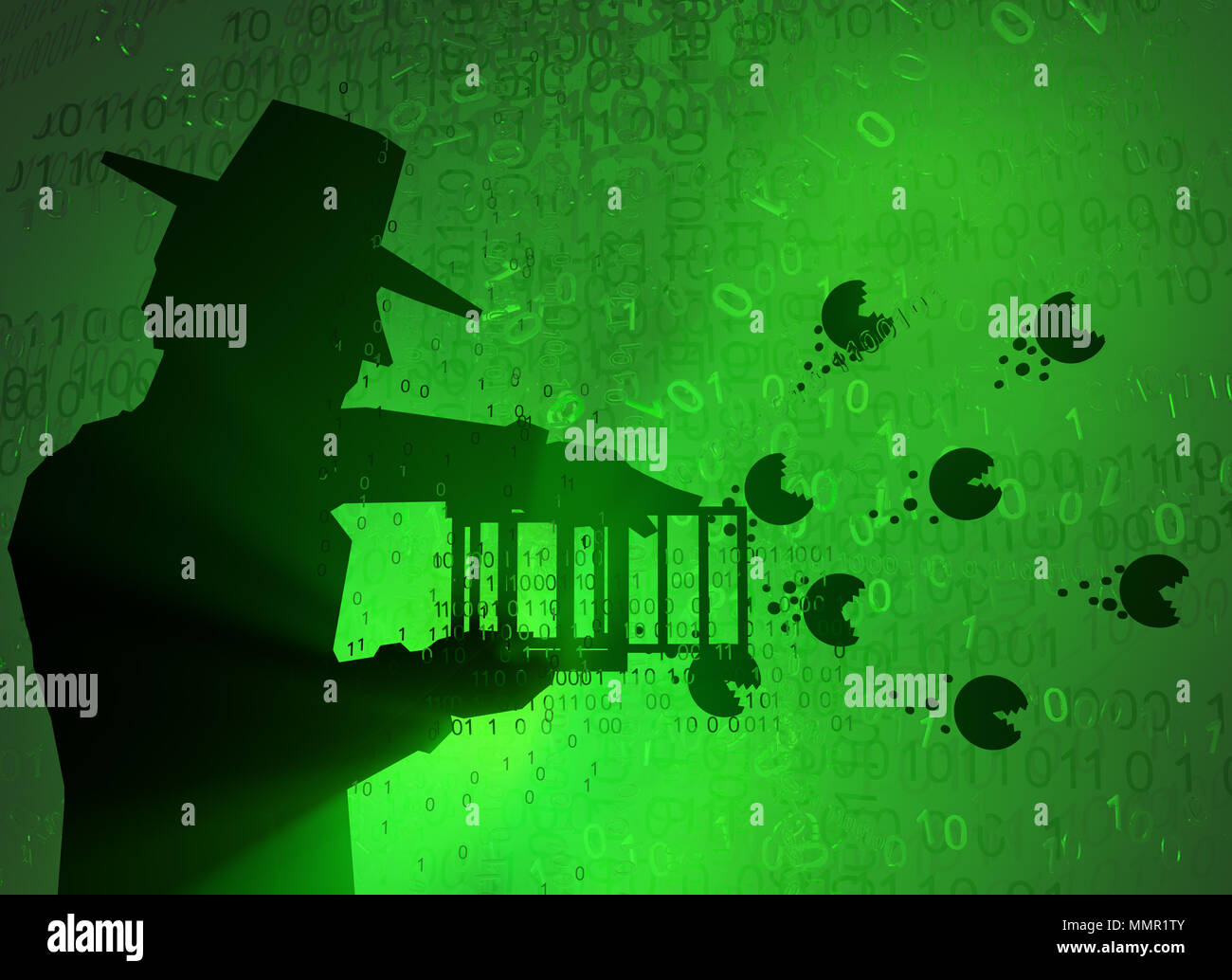 Spy releasing malware from cage, cyberspace virtual reality abstract 3d ...