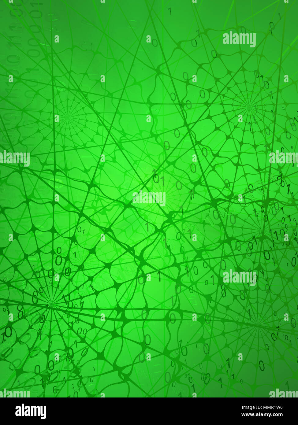 Virtual digits abstract 3d illustration, many webs green, vertical ...