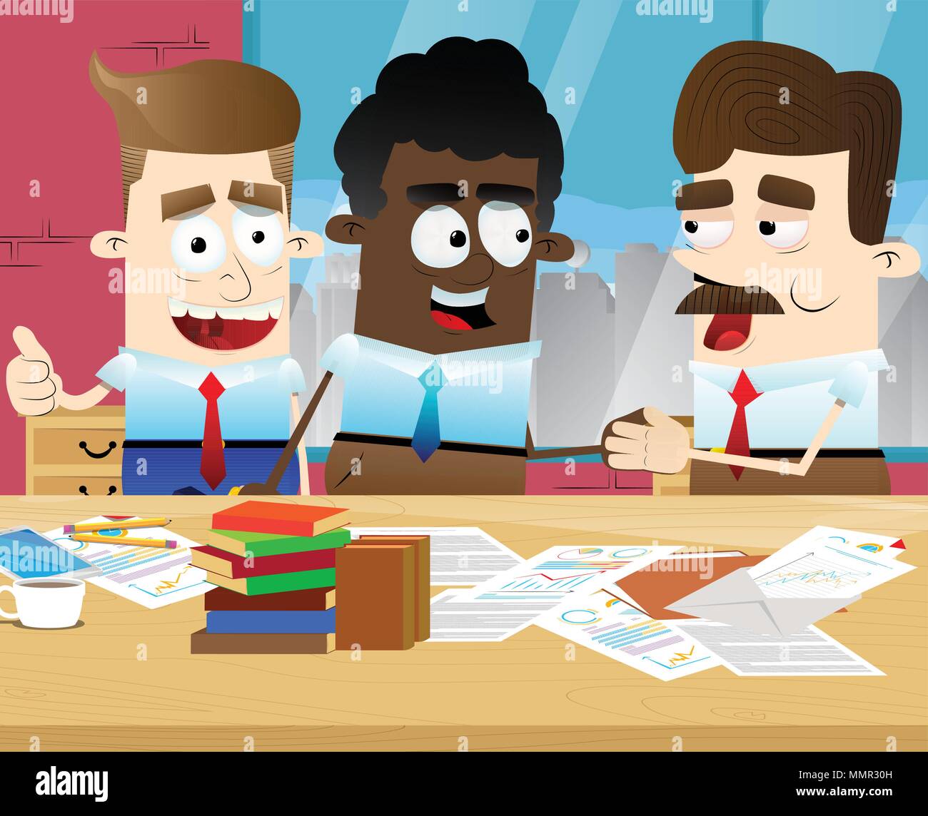 Two Businessmen shaking hands and a third showing ok sign in an office ...