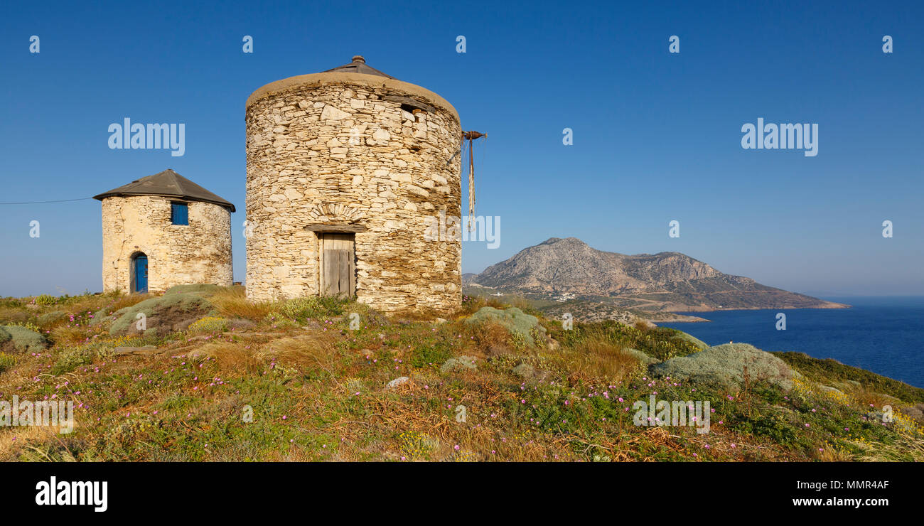 Old traditional windmills on the main island of Fournoi Korseon in ...