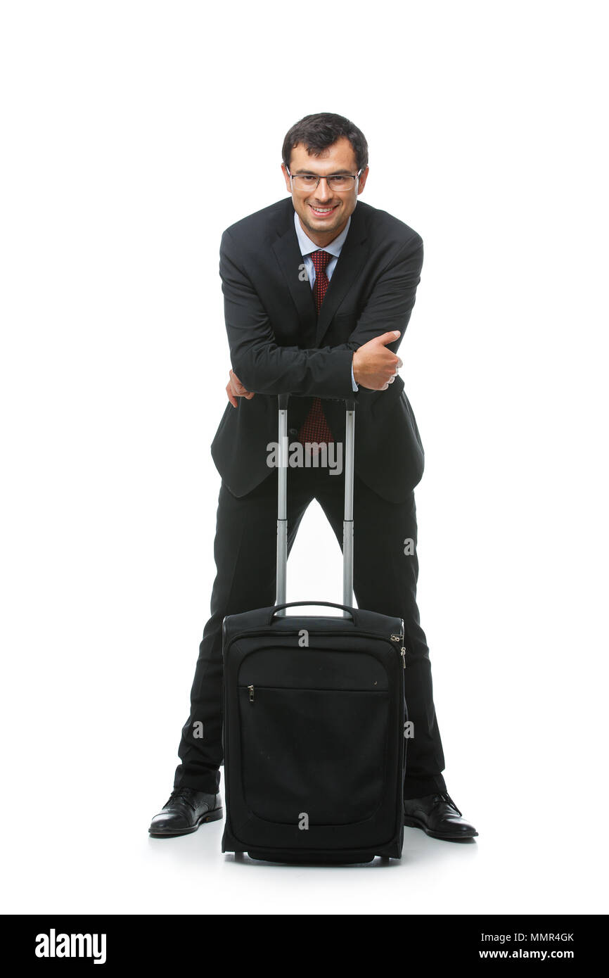 handsome businessman in suit with travel suitcase isolated on white ...