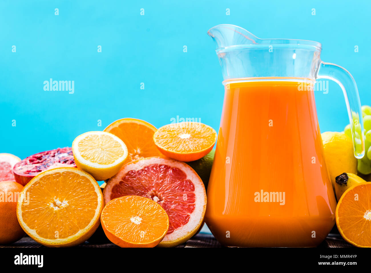 Fresh squeezed juice in pitcher, beverage with blend orange and ...