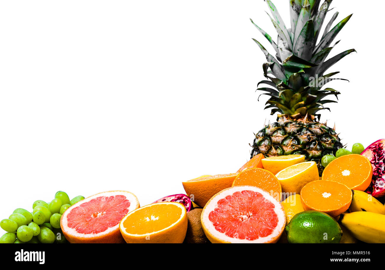 Tropical fruits on white background, pile of fresh fruit assortment ...