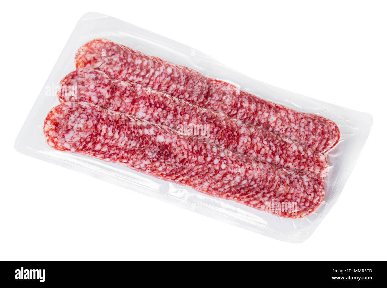 sliced salami in a package on white isolated background Stock Photo - Alamy