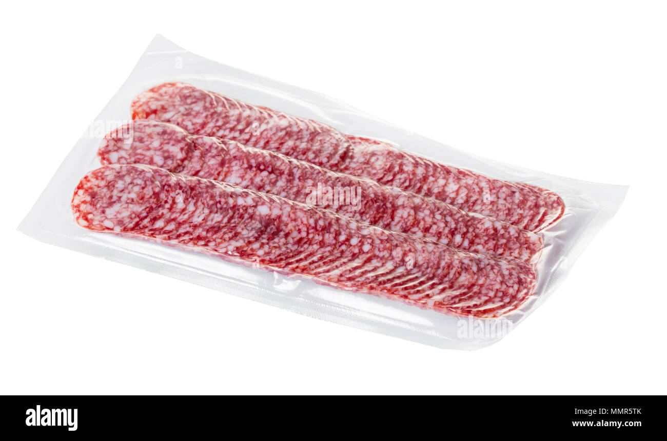 sliced salami in a package on white isolated background Stock Photo - Alamy