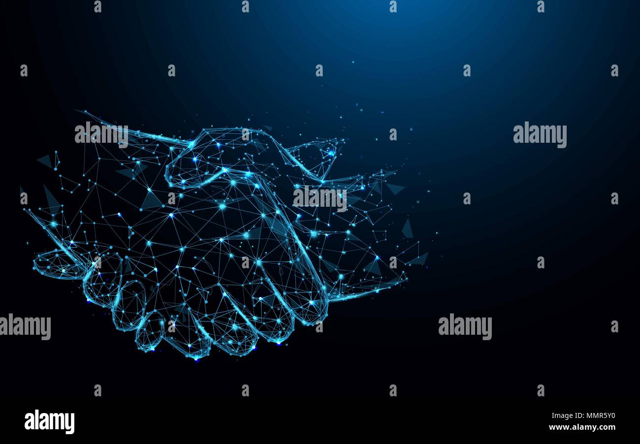 Business handshake lines and triangles, point connecting network on ...