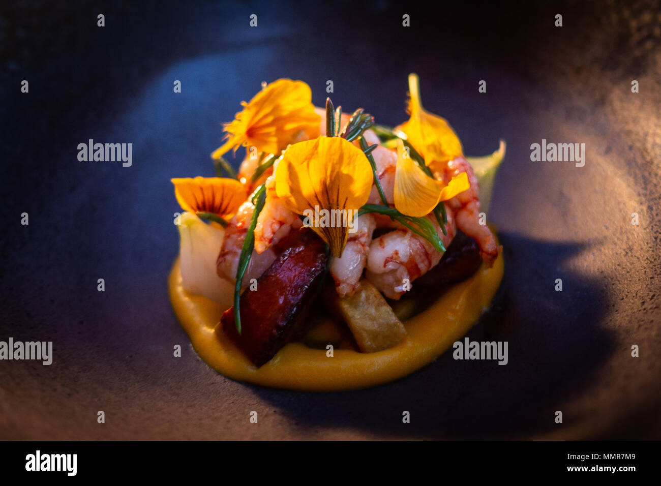 Fine dining entree which consists of prawn, chorizo, pumpkin puree and ...