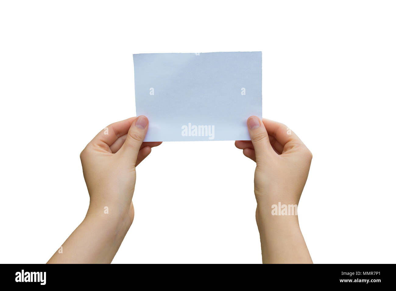 Woman hands holding a white paper sheet isolated over white background ...