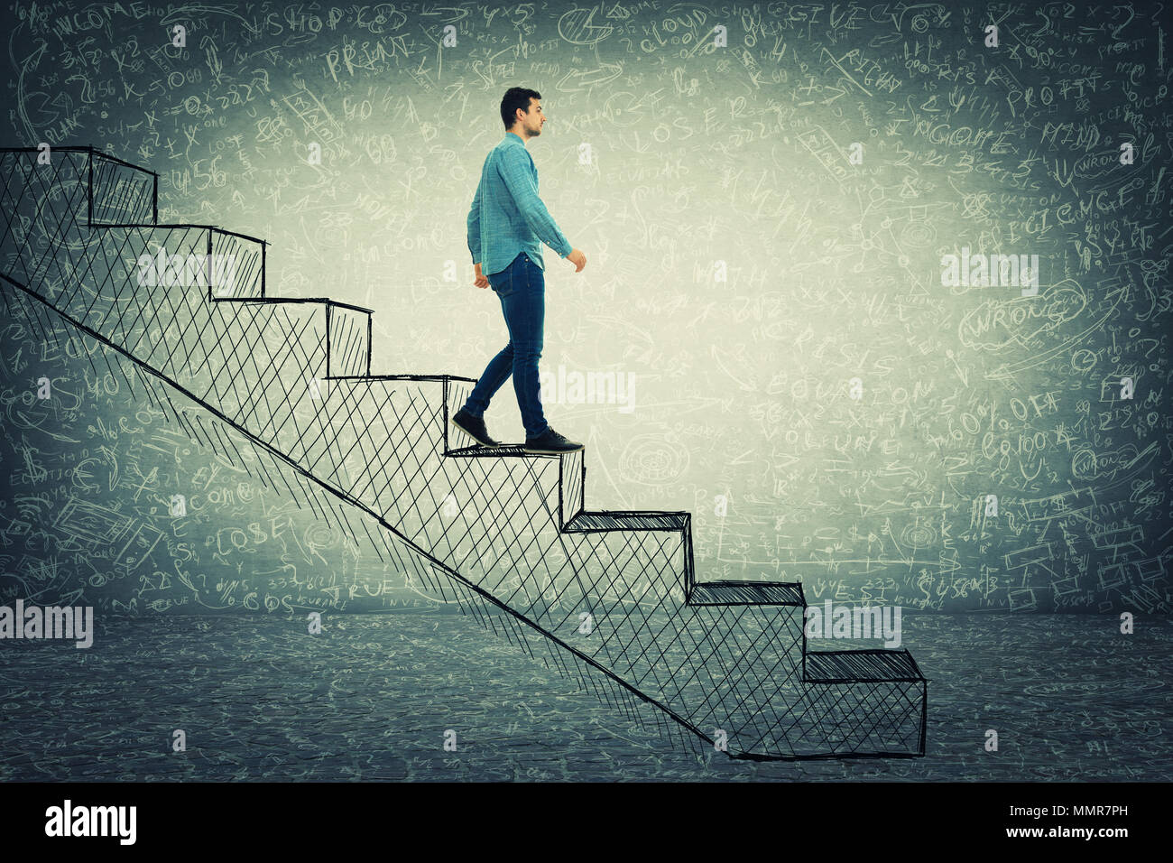 Sad and stressed businessman going down on the career ladder, thinking ...