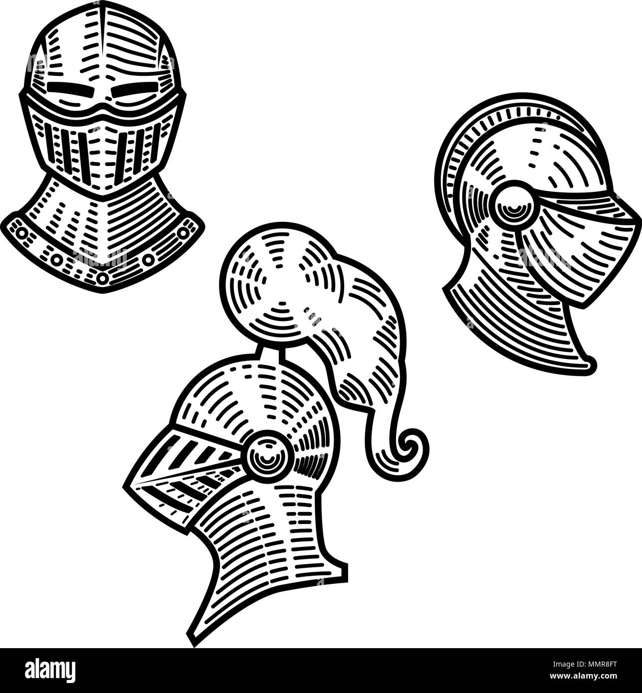 Set of knight helmets in engraving style. Design element for logo ...