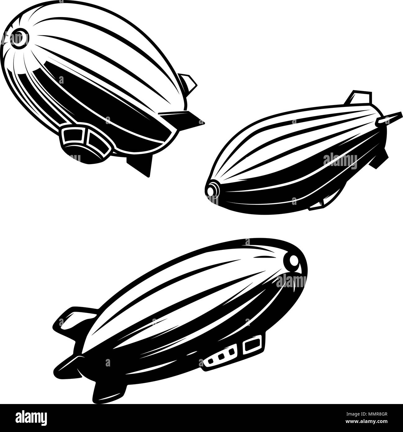 Set of aerostat illustrations on white background. airships zeppelins ...