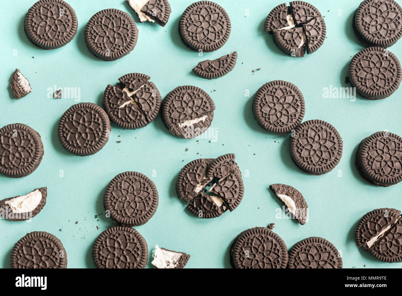 Oreo (chocolate and cream) cookies on blue pastel background, top view ...