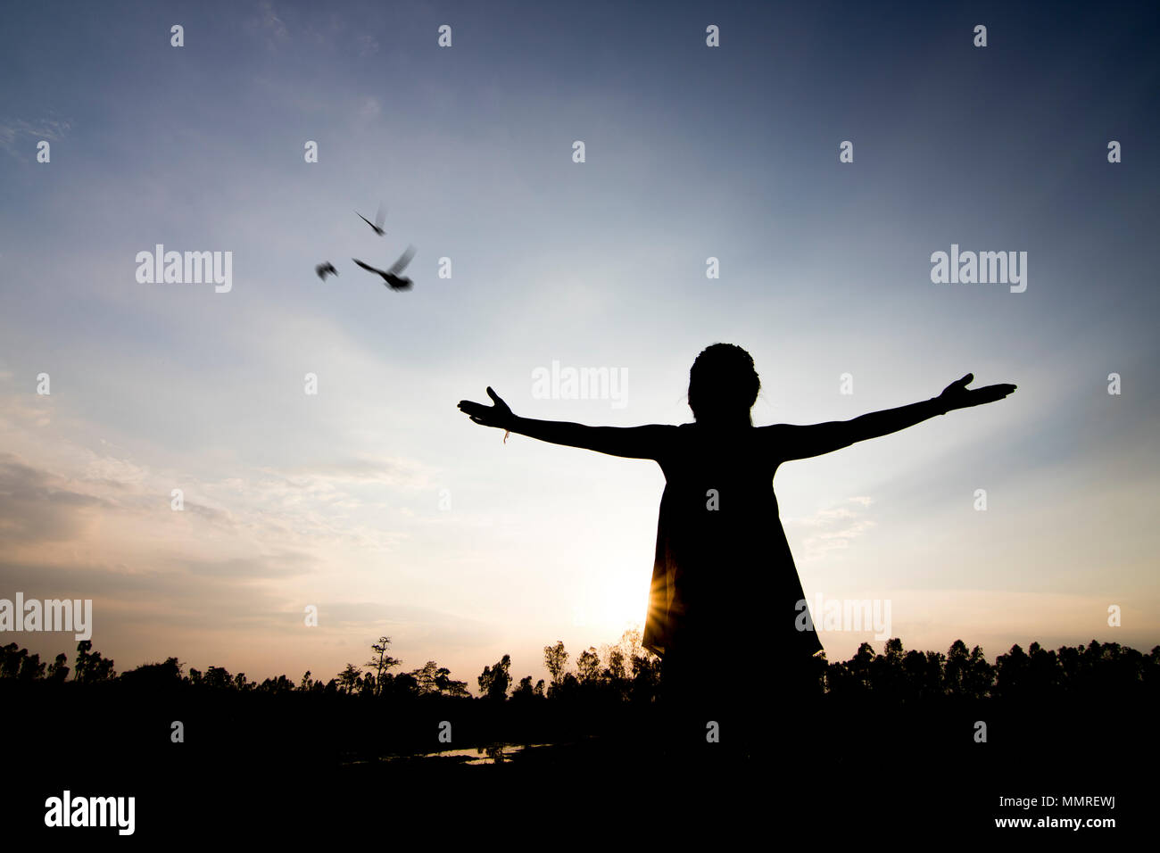 silhouette people showing hand with freedom and success in sun shine ...