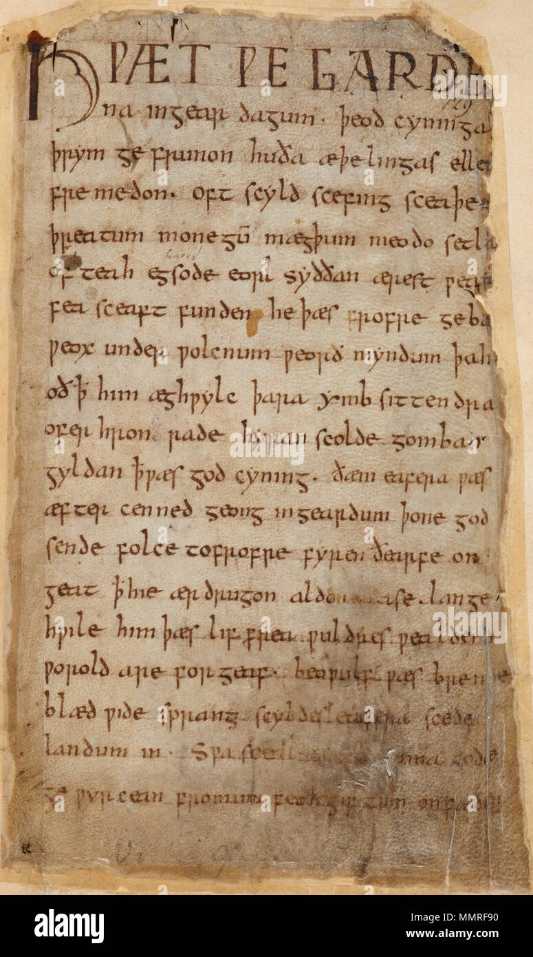 . English: The first folio of the heroic epic poem Beowulf, written ...