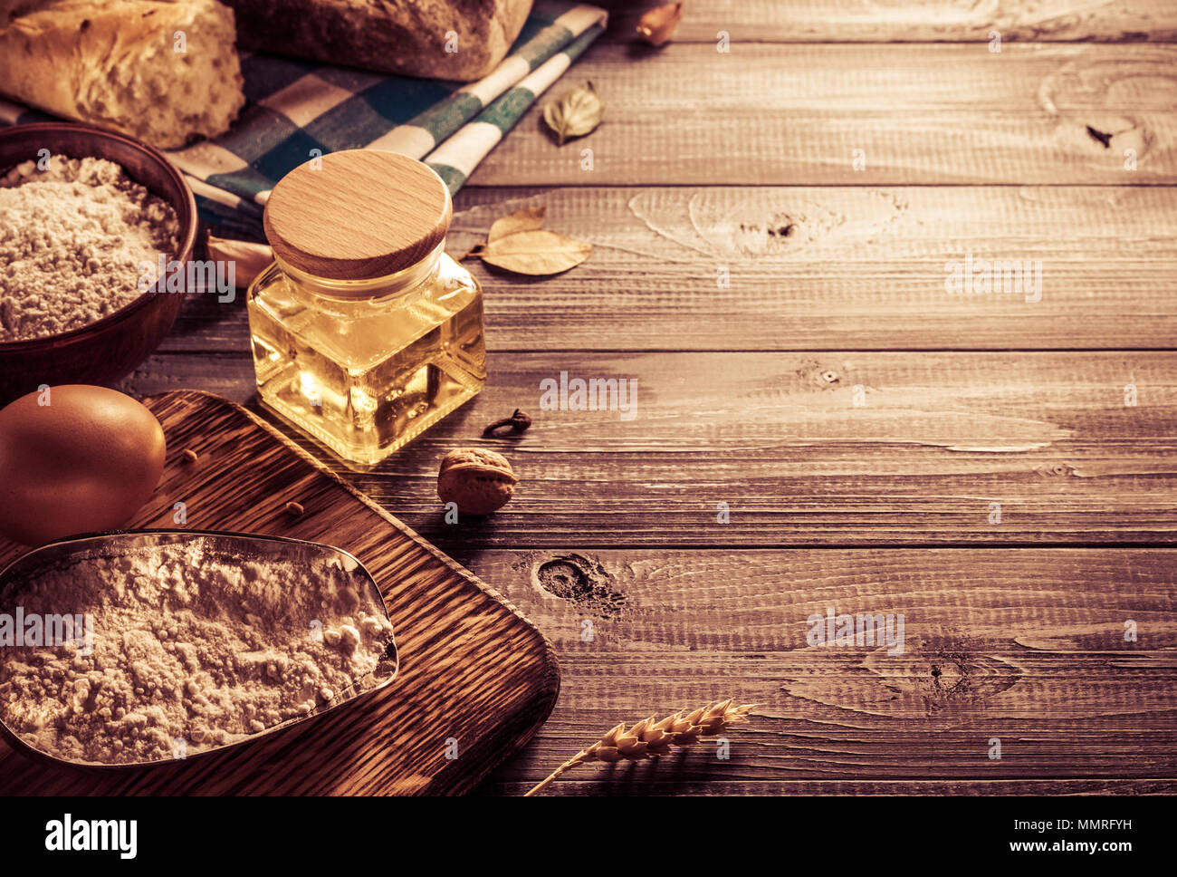 bread and bakery products on wood background Stock Photo - Alamy