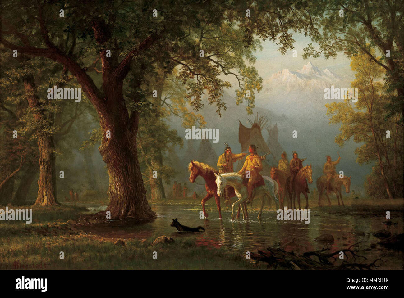 . Wooded landscape with a river running through the foreground A group ...