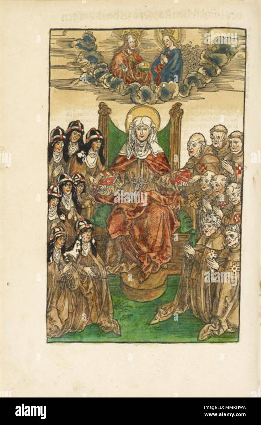 . English: Colored Woodcut showing Saint Birgitta of Sweden among ...