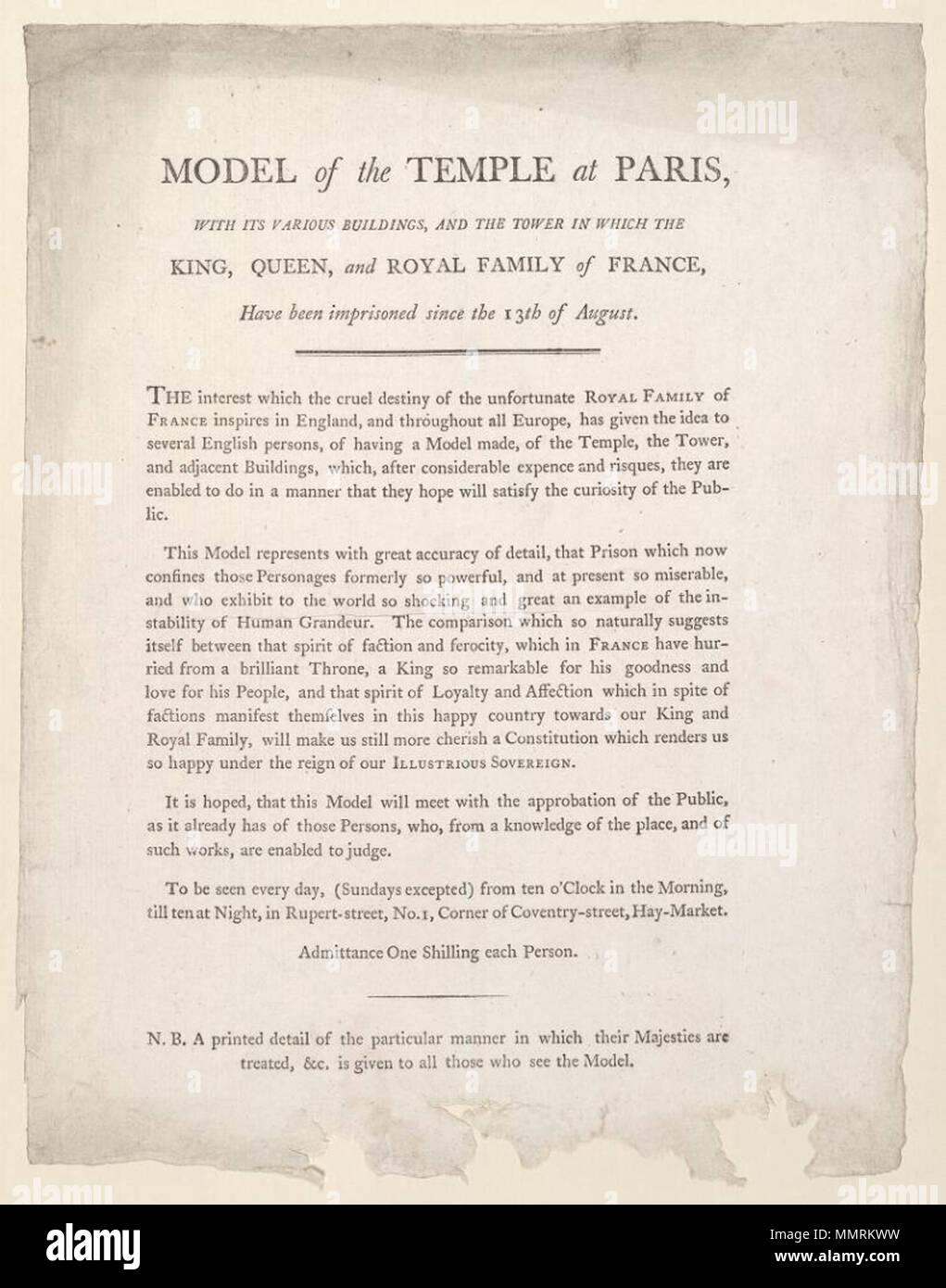 . Advertisement for the Model of the Temple at Paris, [1792],; Model of ...