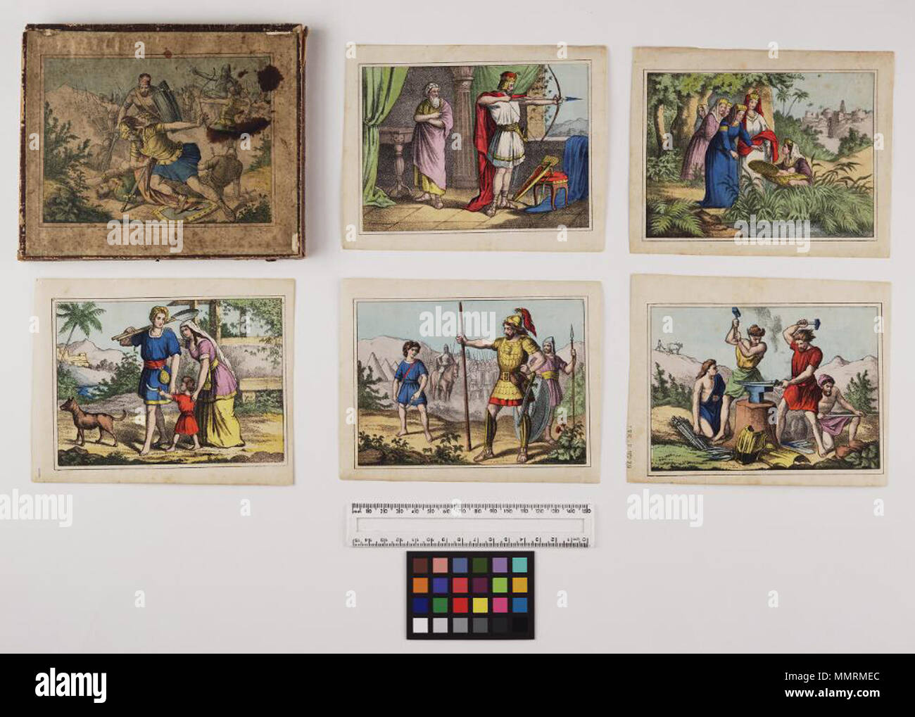 . Game of Biblical scenes (untitled); has set of cubes printed on all ...