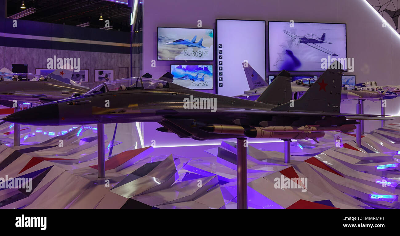 Singapore - Feb 11, 2018. Military aircrafts on display at the aviation ...