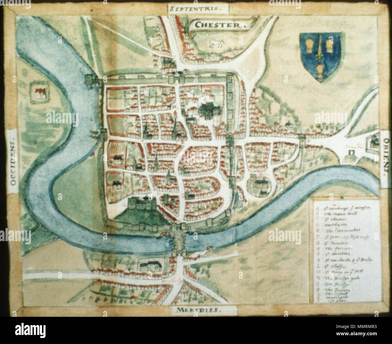 . Coloured drawing of street map of Chester, in 'A description of the ...