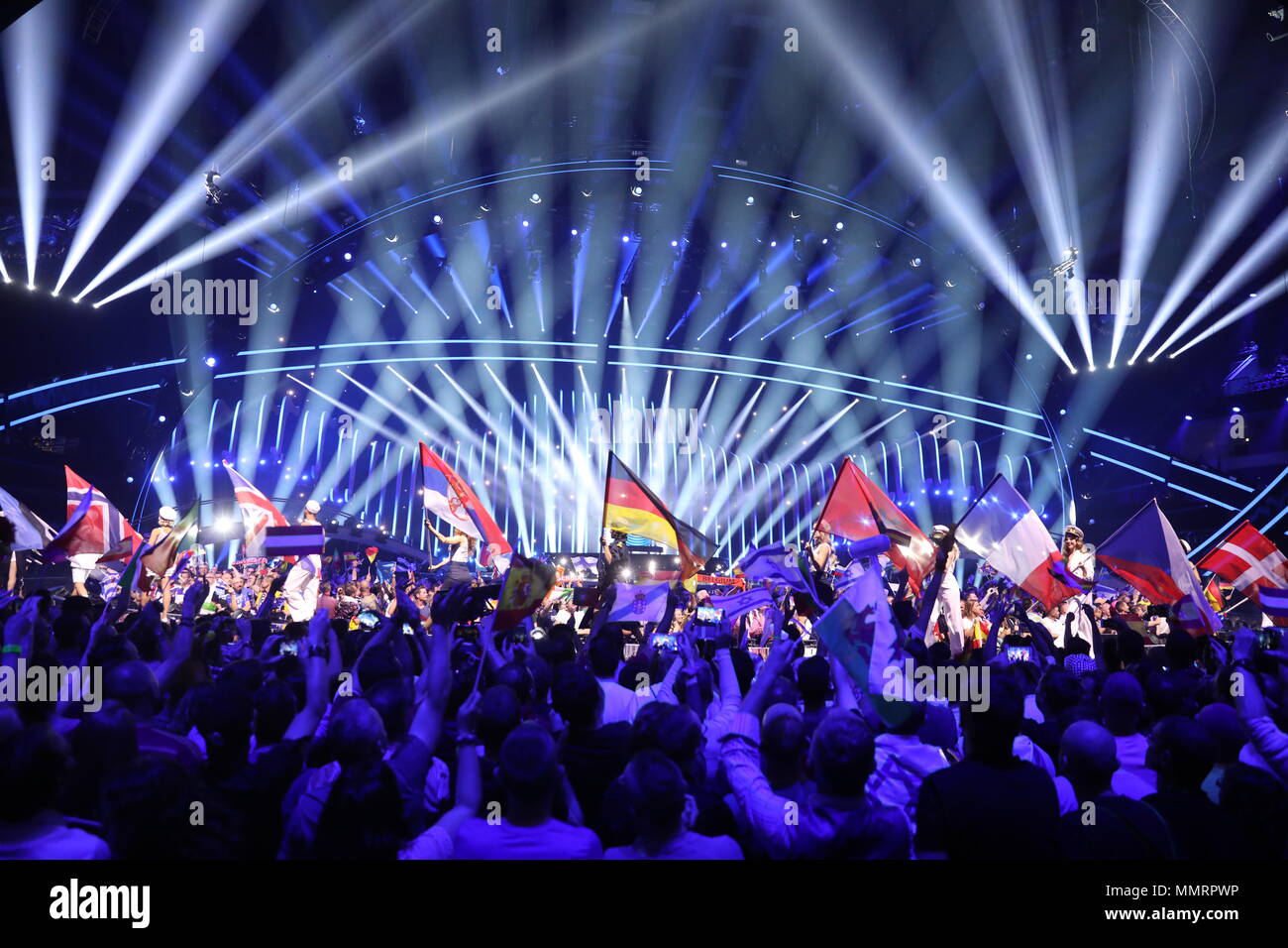 12 May 2018, Portugal, Lisbon: Flag-bearers appear on stage at the ...