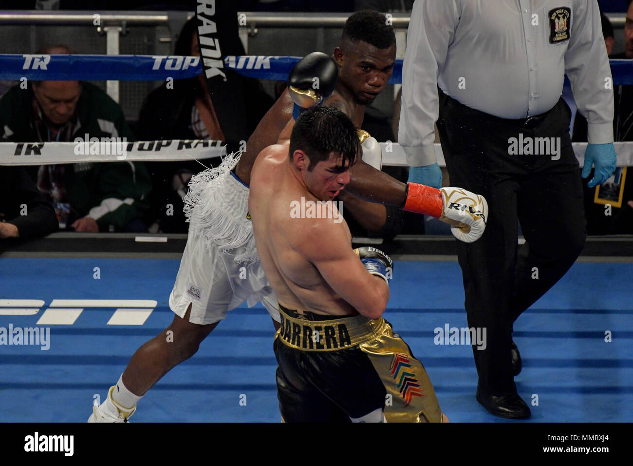 New York, New York, USA. 12th May, 2018. ALEJANDRO BARRERA (black and gold trunks) and CARLOS ...