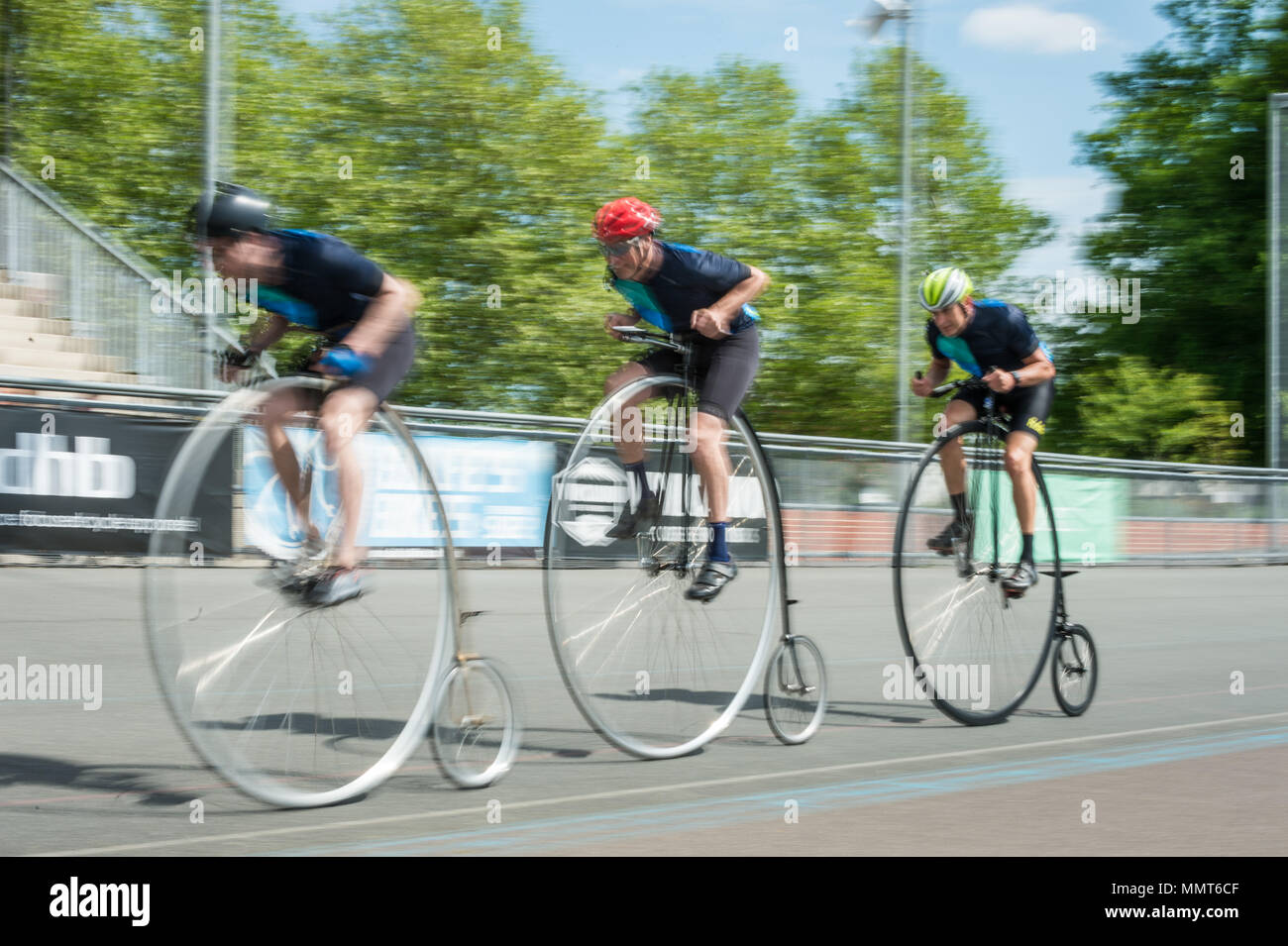 London, UK. 13th May, 2018. Members of the Penny Farthing cycling club perform track racing at ...