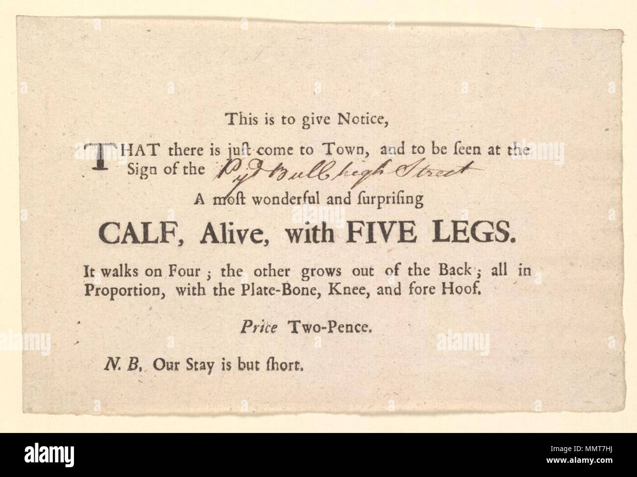 . Handbill announcing a calf with five legs; manuscript annotation in ...