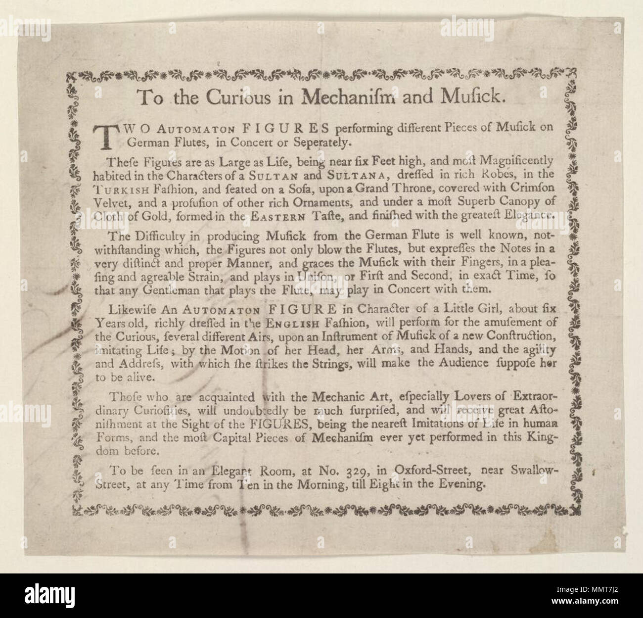 . Handbill of {1780?]; To the curious in mechanism and musick ...