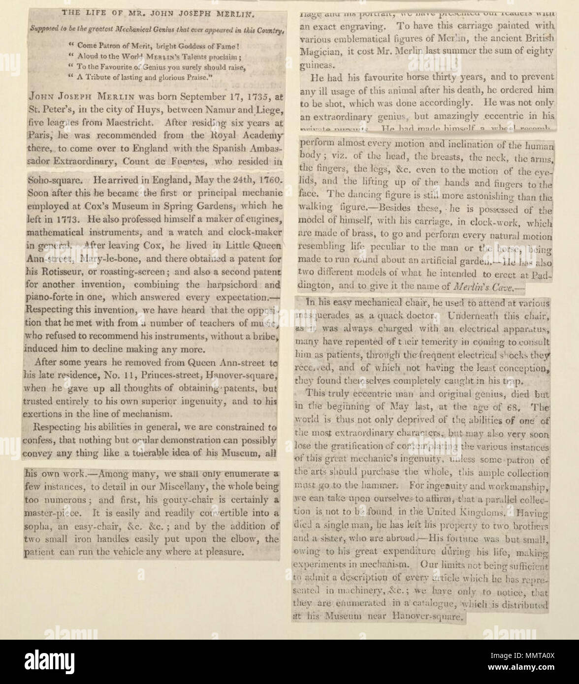 . Newscutting relating to John Joseph Merlin; Life of Mr. John Joseph ...